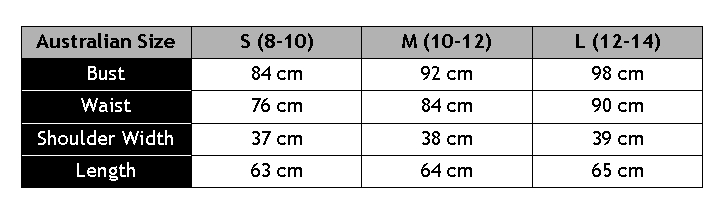 Polyester Racer Back Sizing Chart